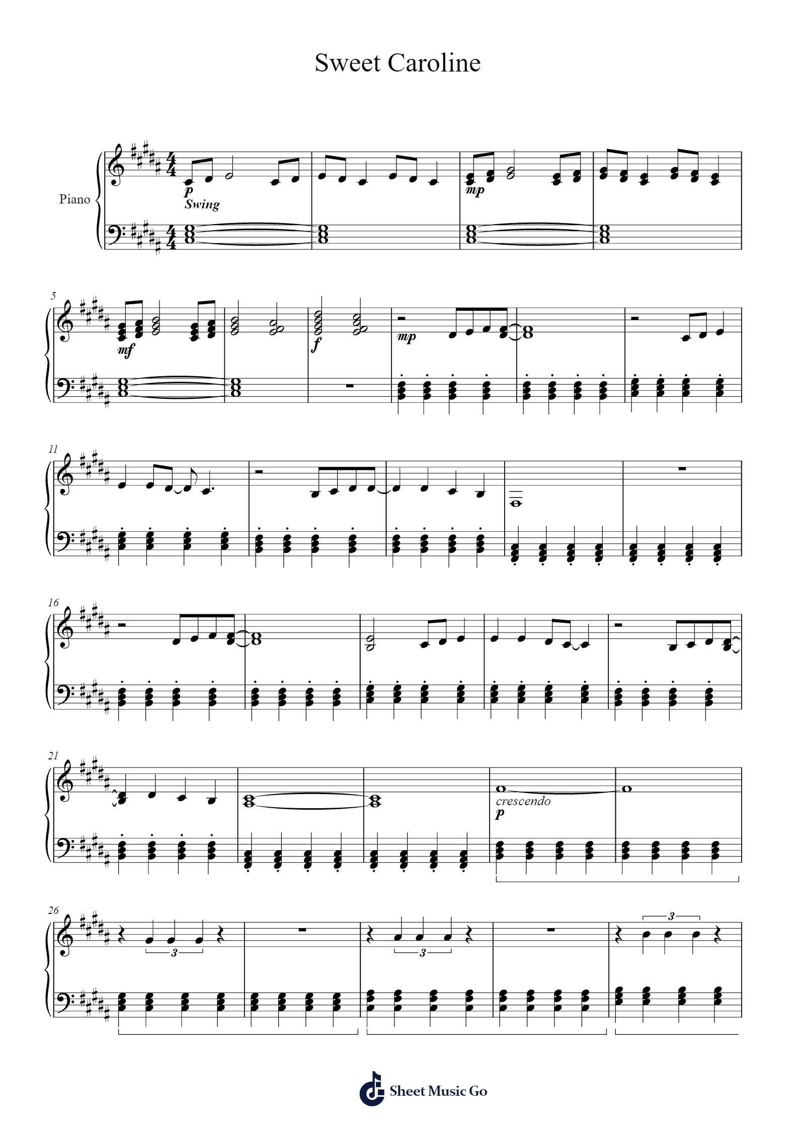 Sweet Caroline Sheet Music by Neil Diamond-Arr.Hytrine