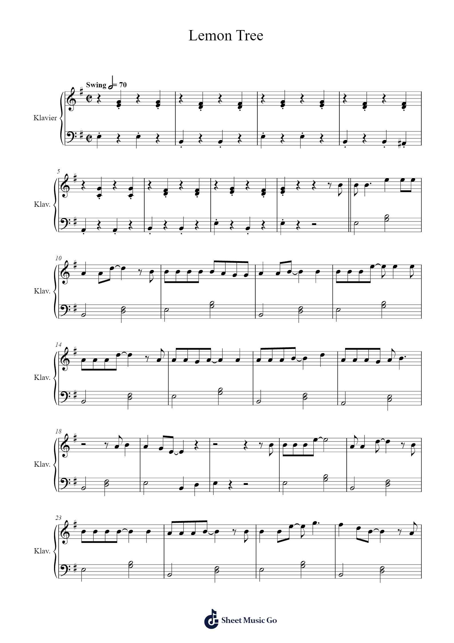 Lemon Tree Sheet Music by Fools Garden-Arr.Churwalsh