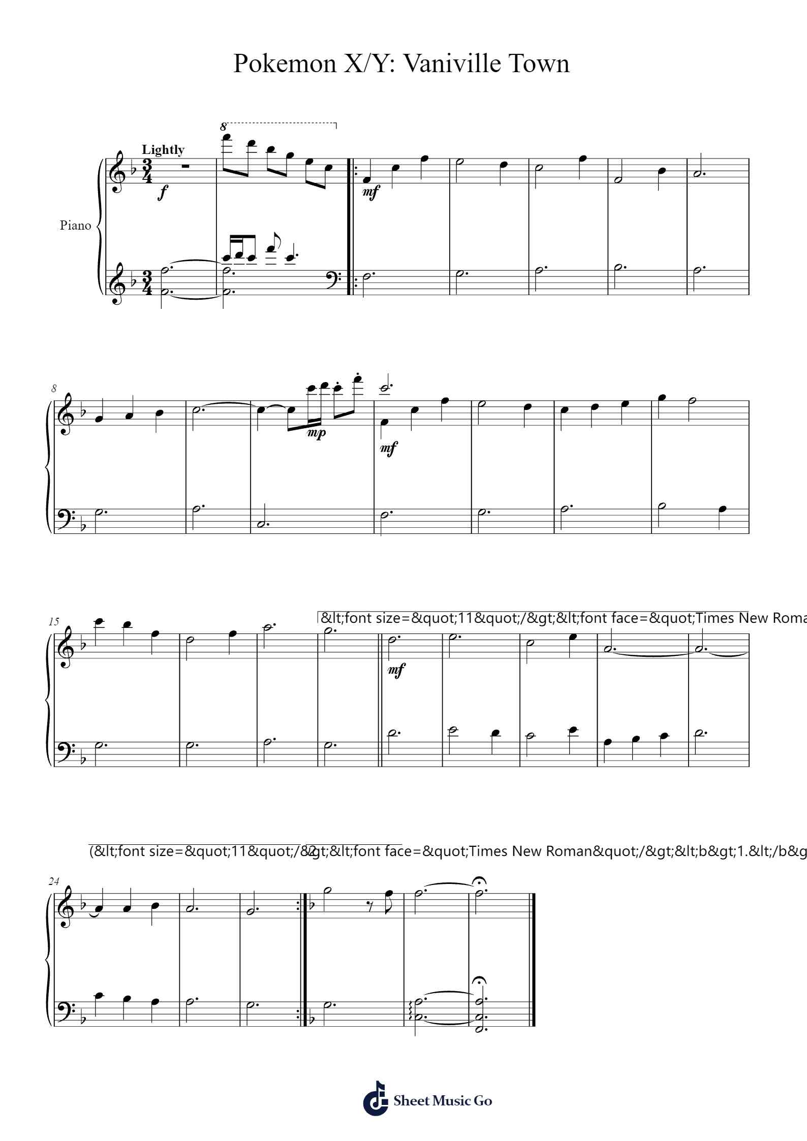 Pokemon X/Y: Vaniville Town Sheet Music by Go Ichinose-Arr.Olchel