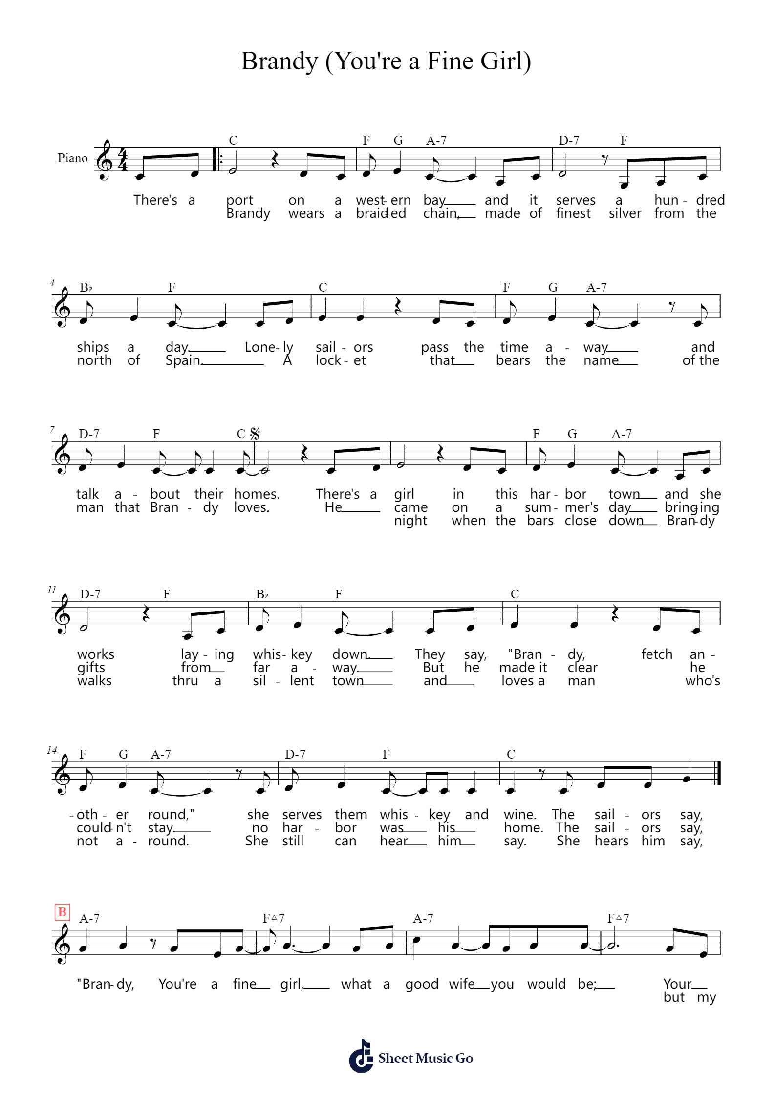 Partitura de Brandy (You're a Fine Girl) de Elliot Lurie - Arreglada ...