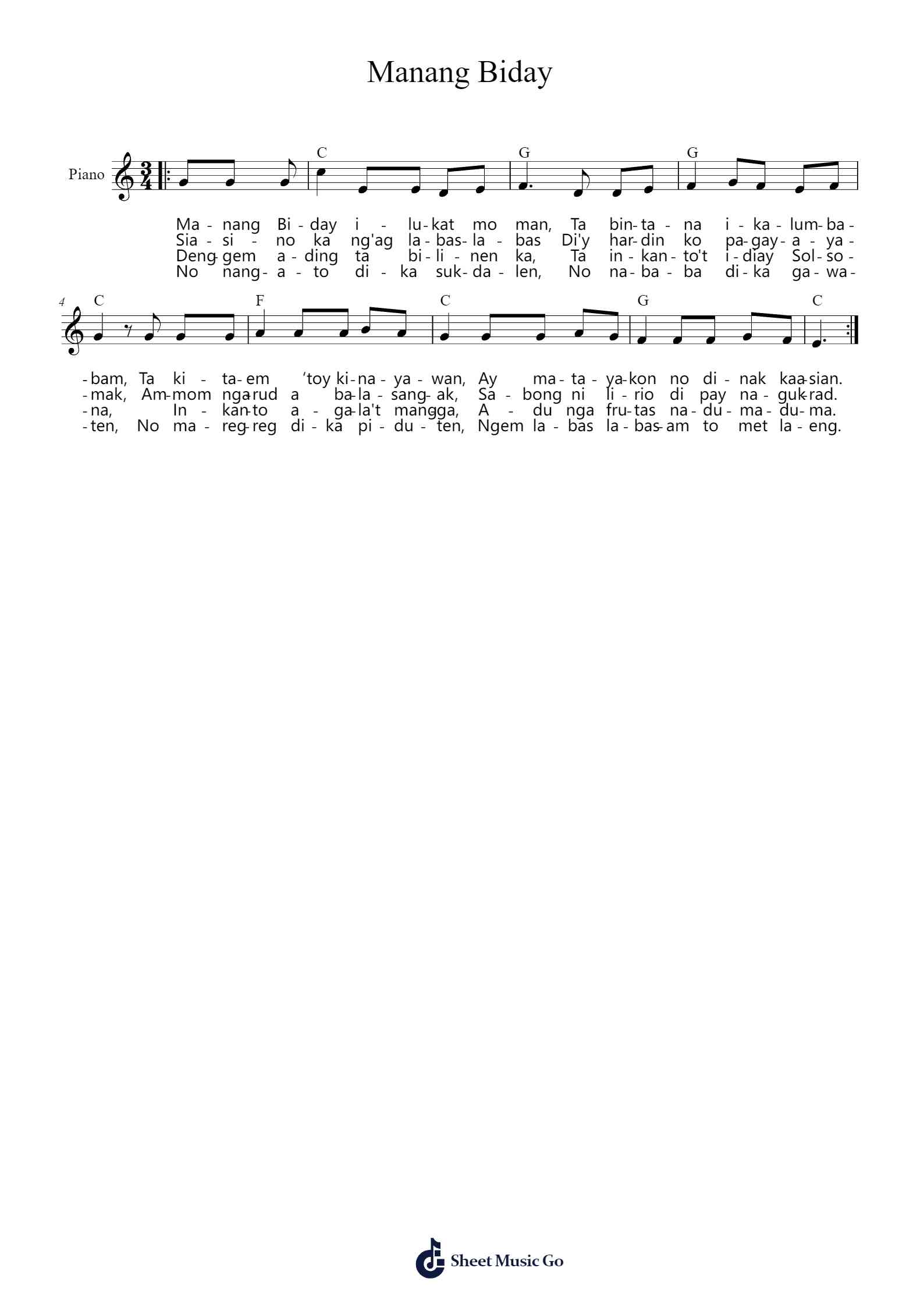 Manang Biday Sheet Music by -Arr.Curwilde Perwin