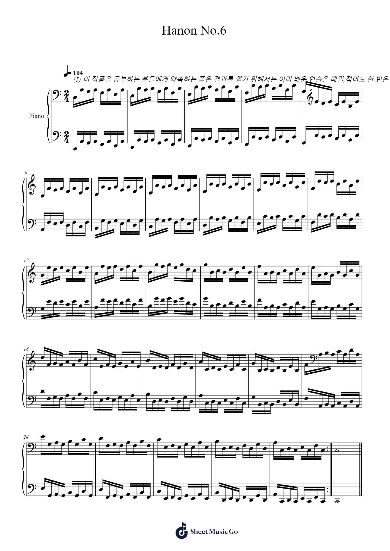 Partitura de Hanon No.6 de C. L. Hanon - Arreglada por Oisenrob Clyger