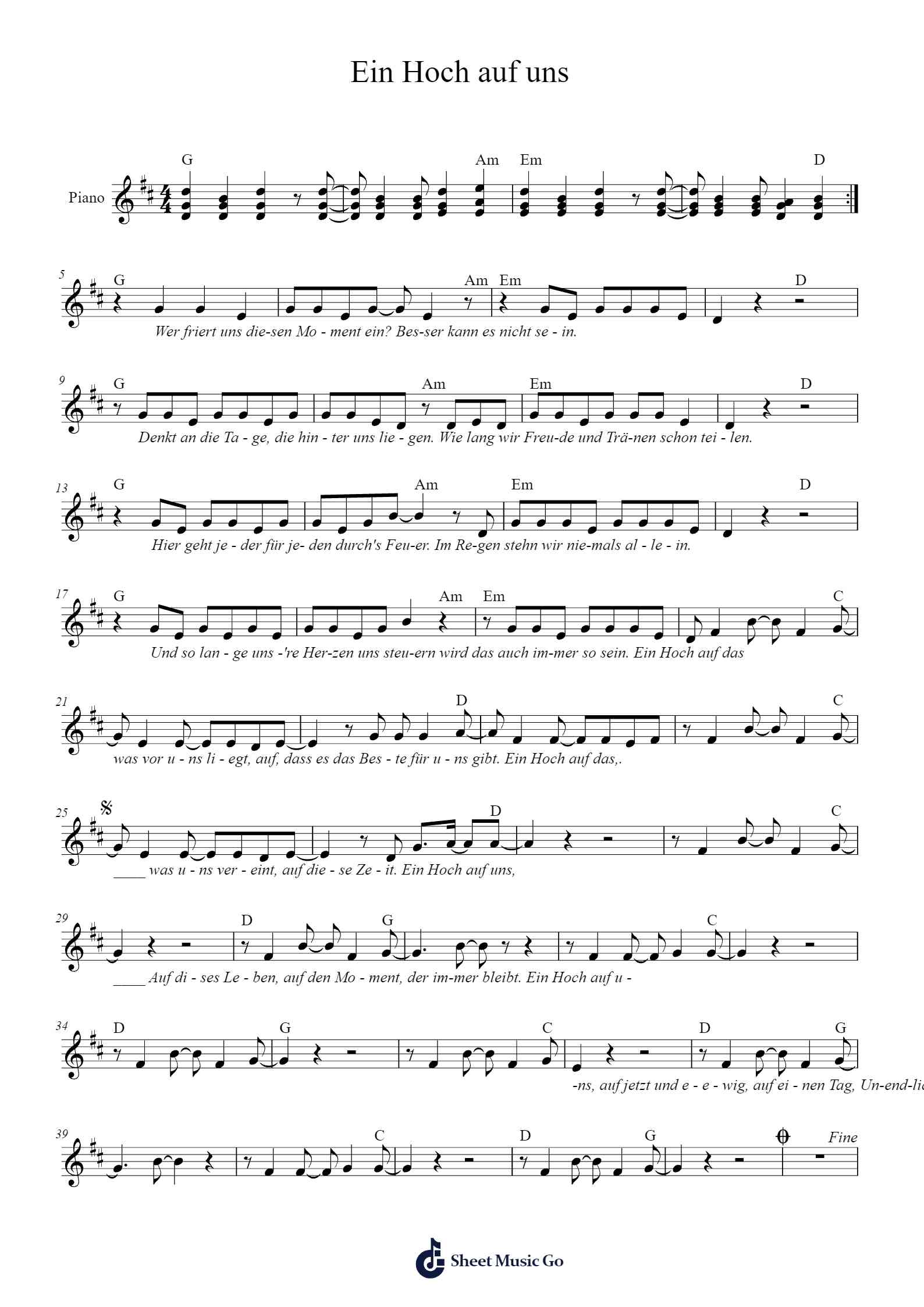 Ein Hoch auf uns Noten von Andreas Bourani-Arr.Fitzjim