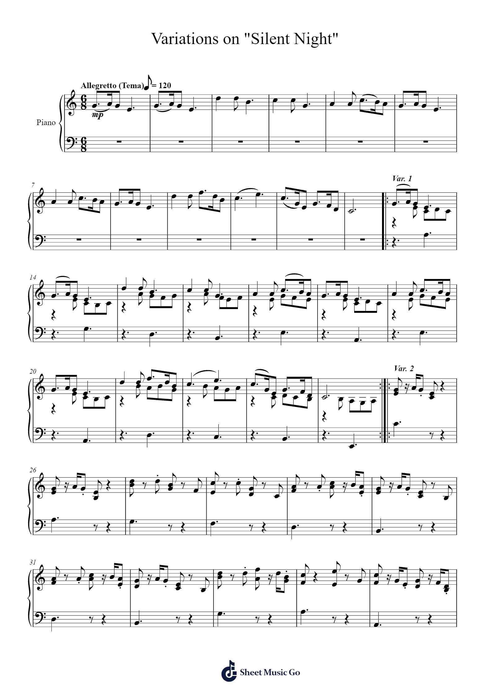 Variations on "Silent Night" Sheet Music by -Arr.Wrightrae
