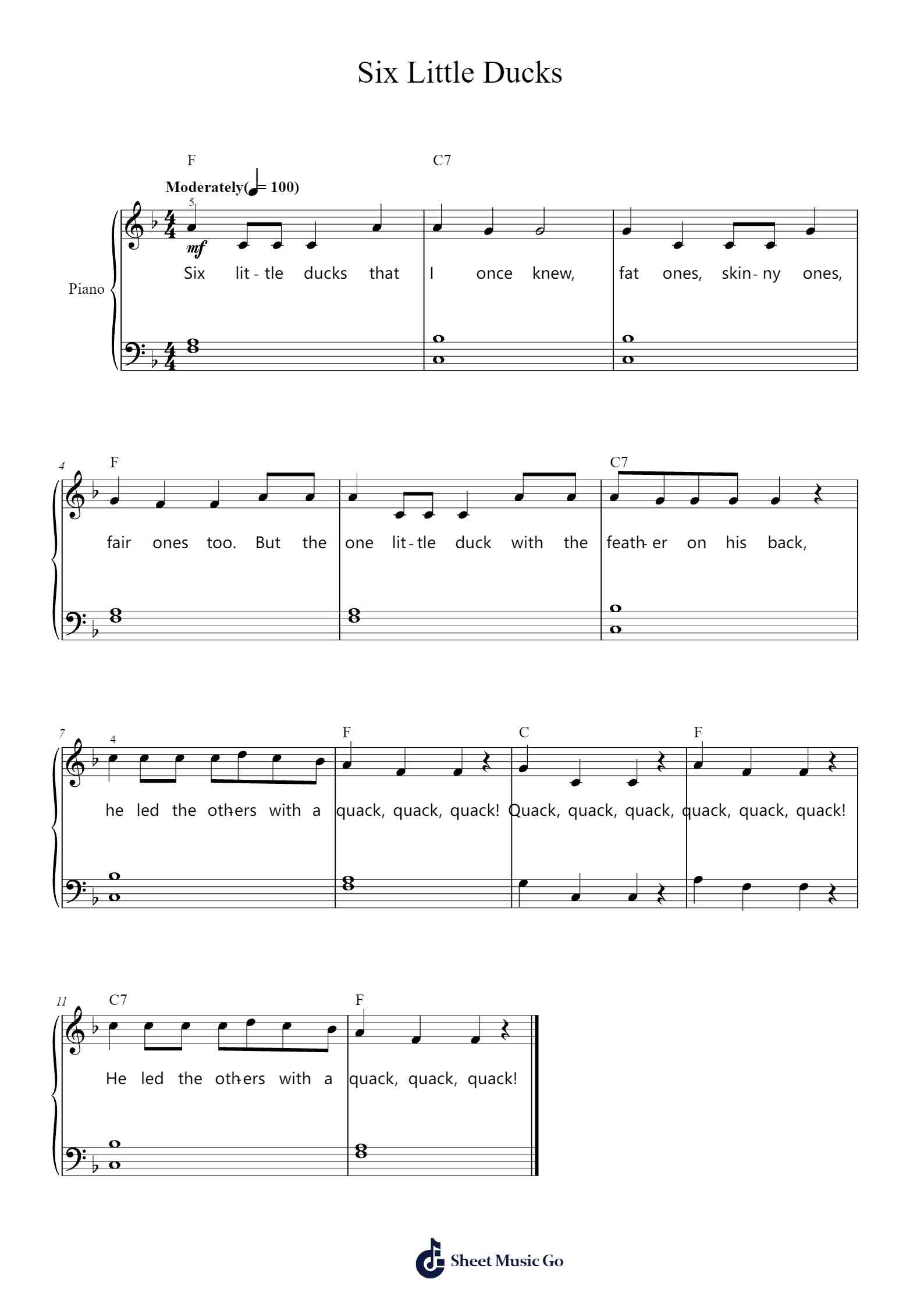 Partitura de Six Little Ducks de Raffi - Arreglada por Huxdia