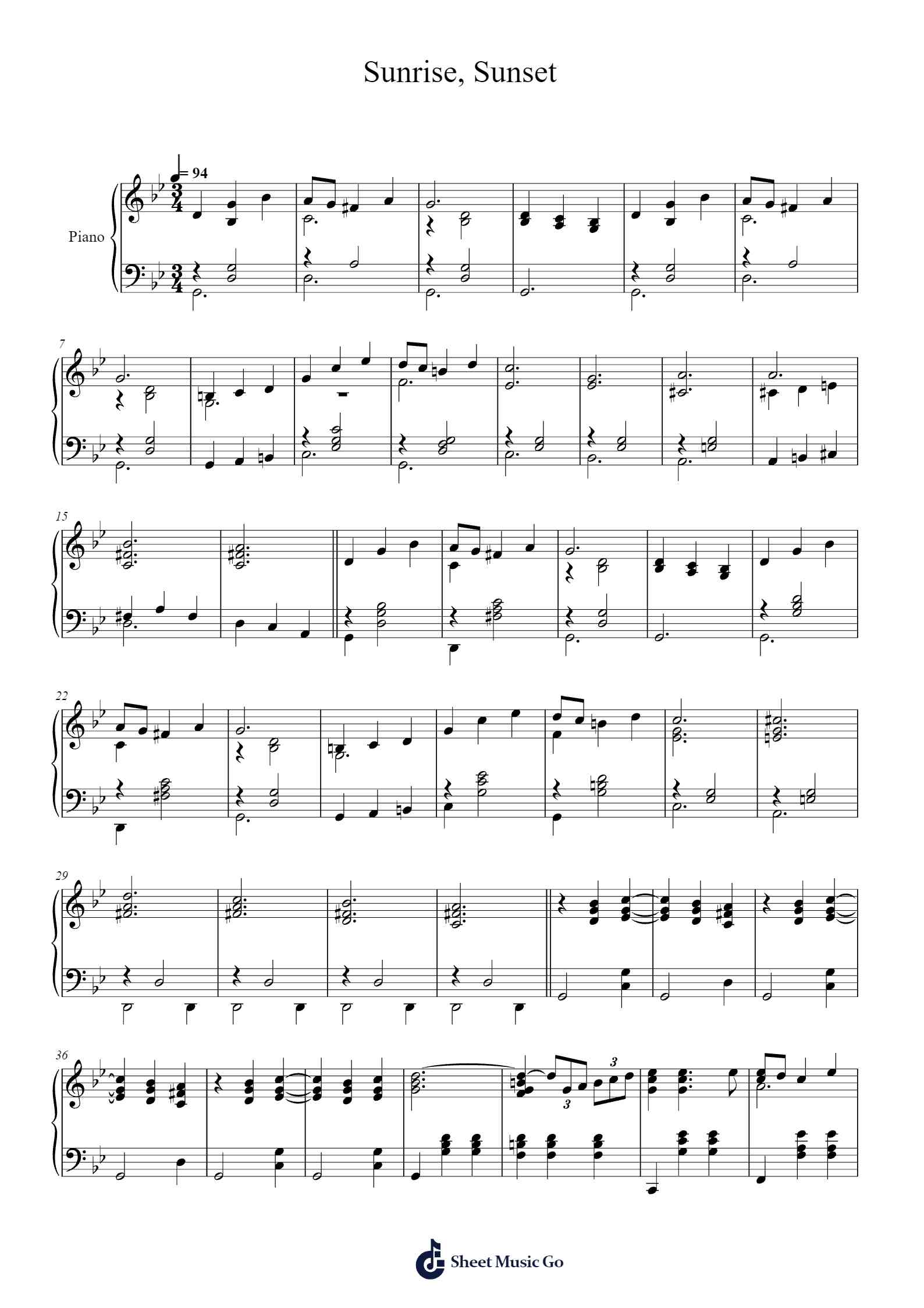Sunrise, Sunset Sheet Music by Jerry Bock-Arr.Brownemeg
