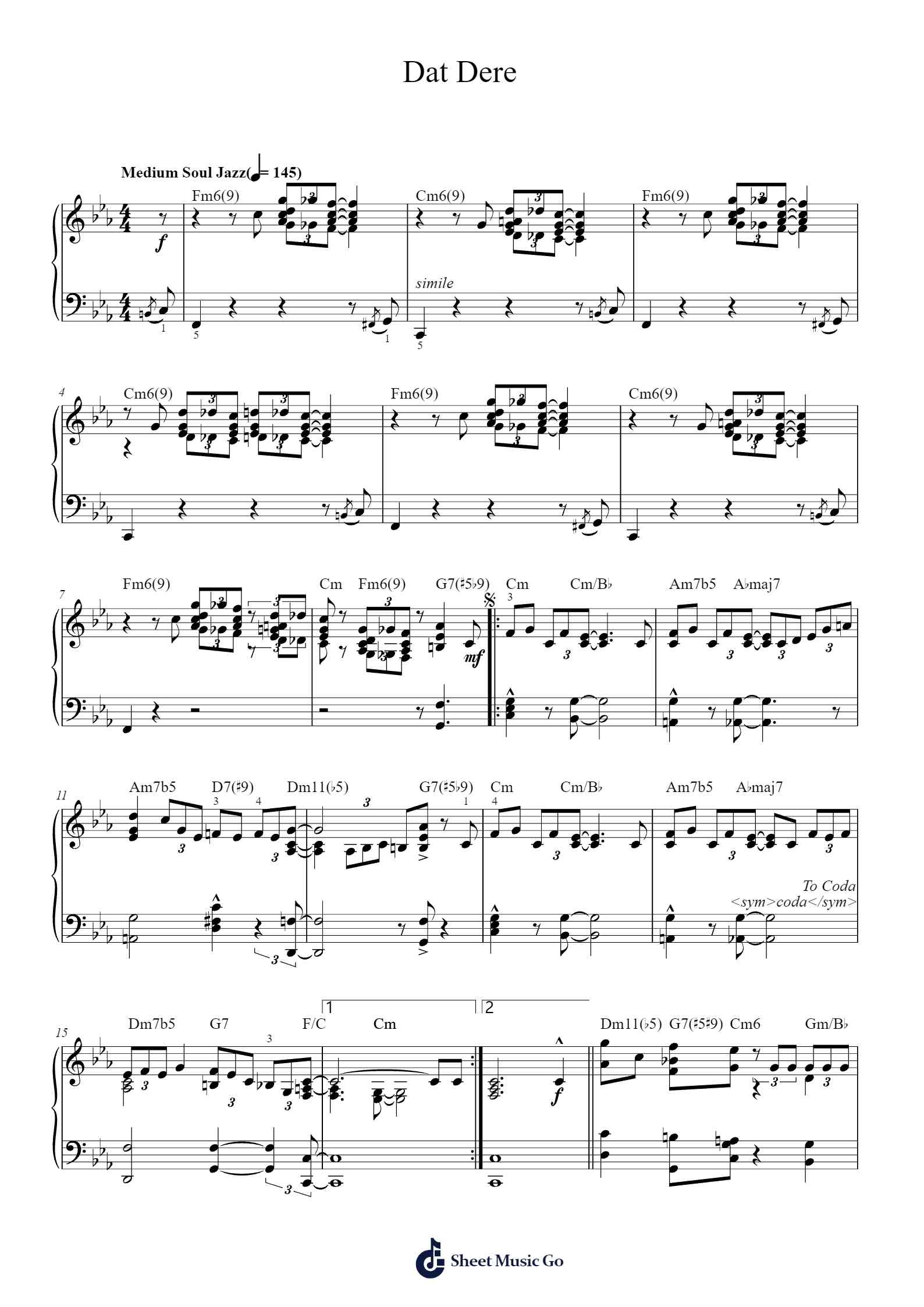 Partitura de Dat Dere de Cannonball Adderley - Arreglada por Hughmand