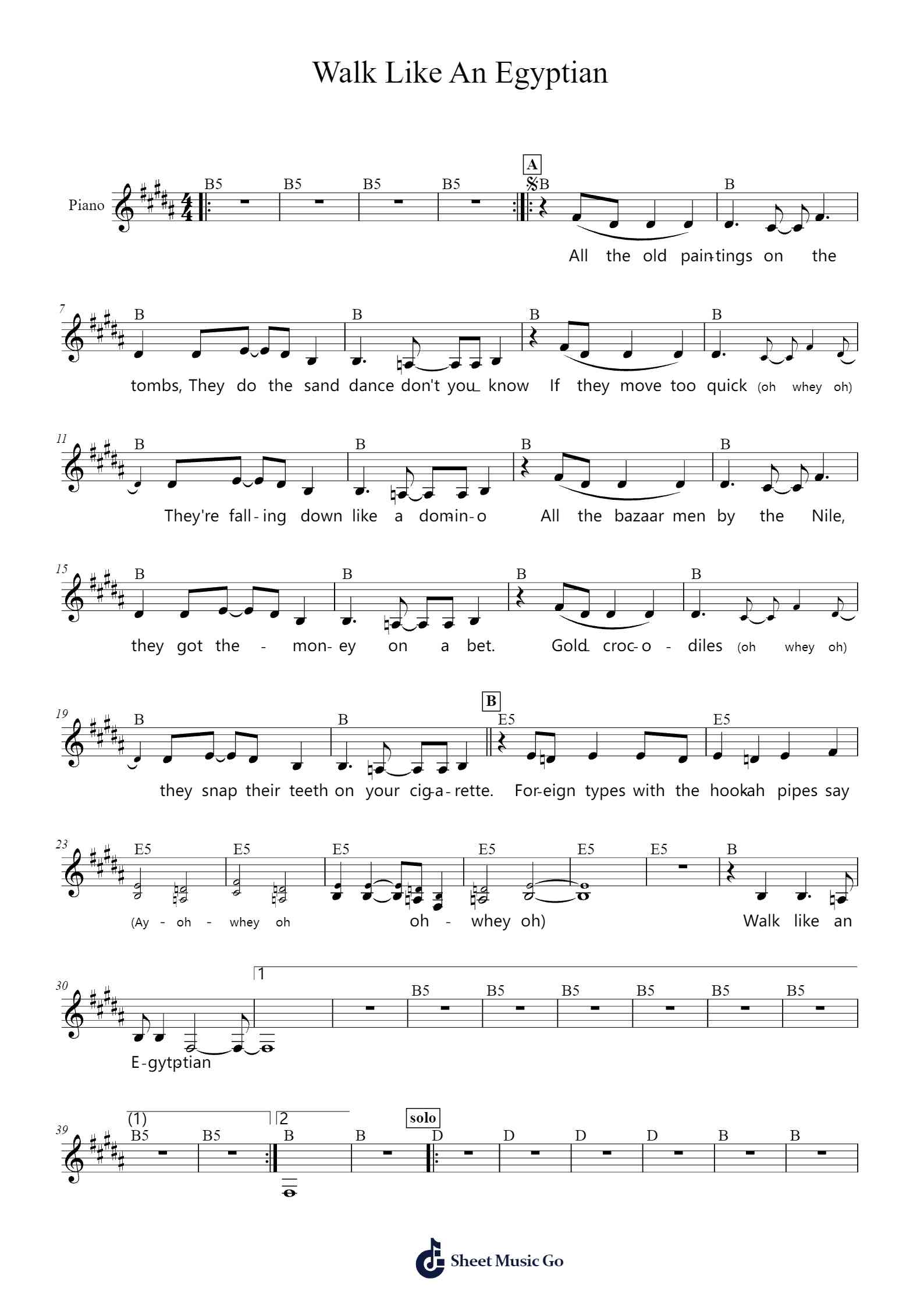 Walk Like An Egyptian Sheet Music by The Bangles-Arr.Tedget Milrol