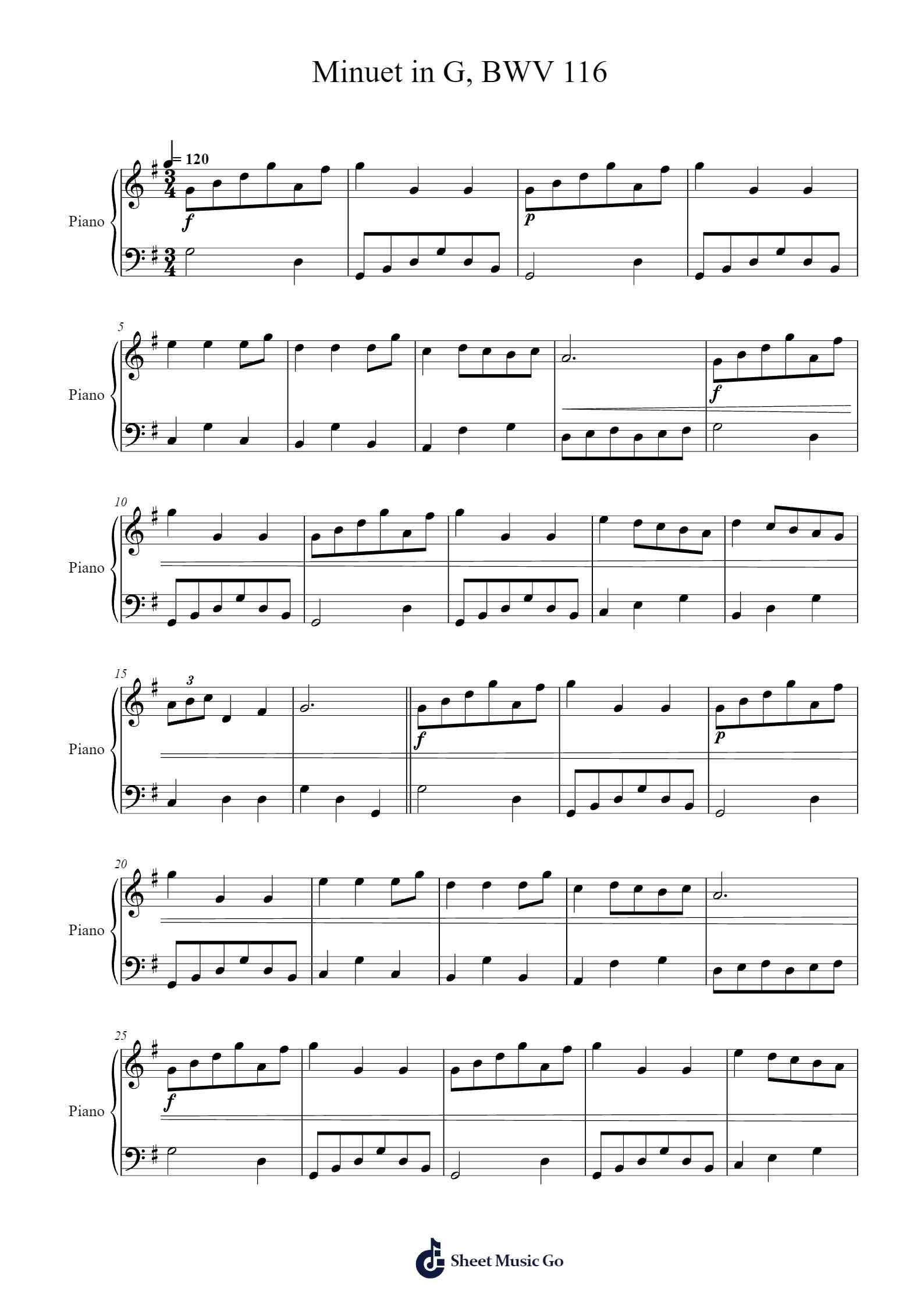 Minuet (G Major) Sheet Music by Johann Sebastian Bach-Arr.Osnest Araliam