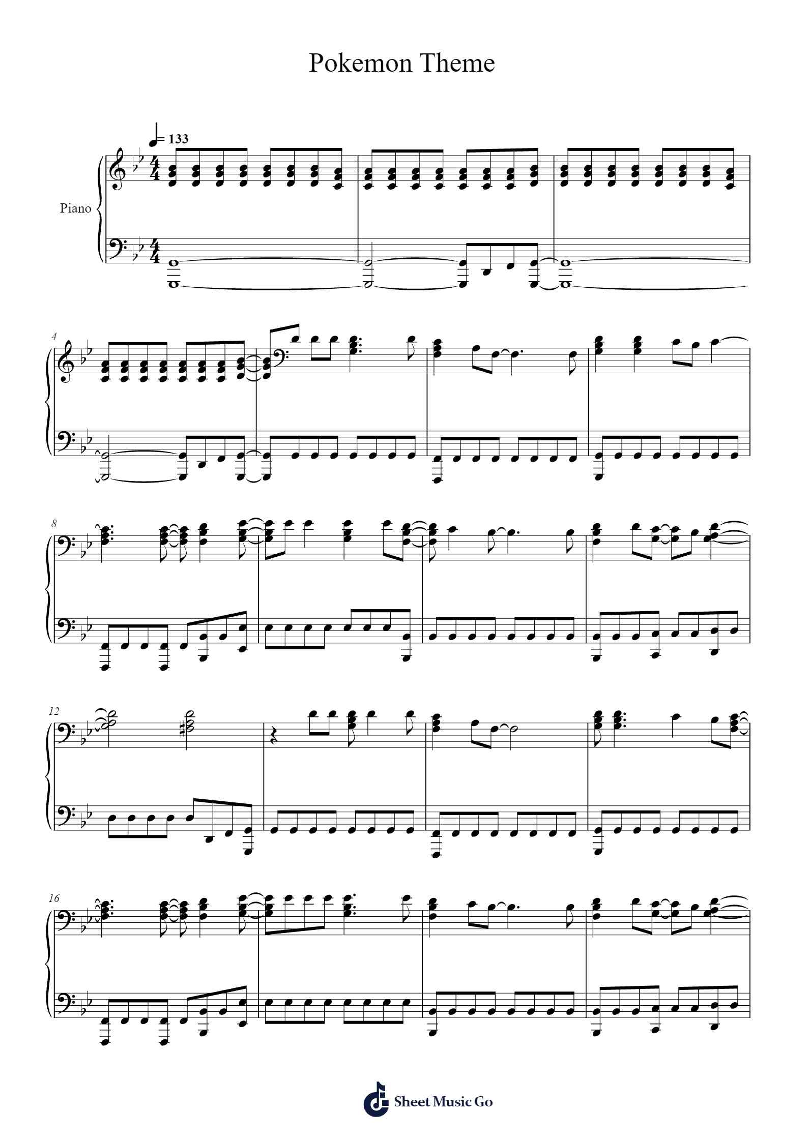 Pokemon Piano Theme (simple!) Sheet Music by -Arr.Fordlome