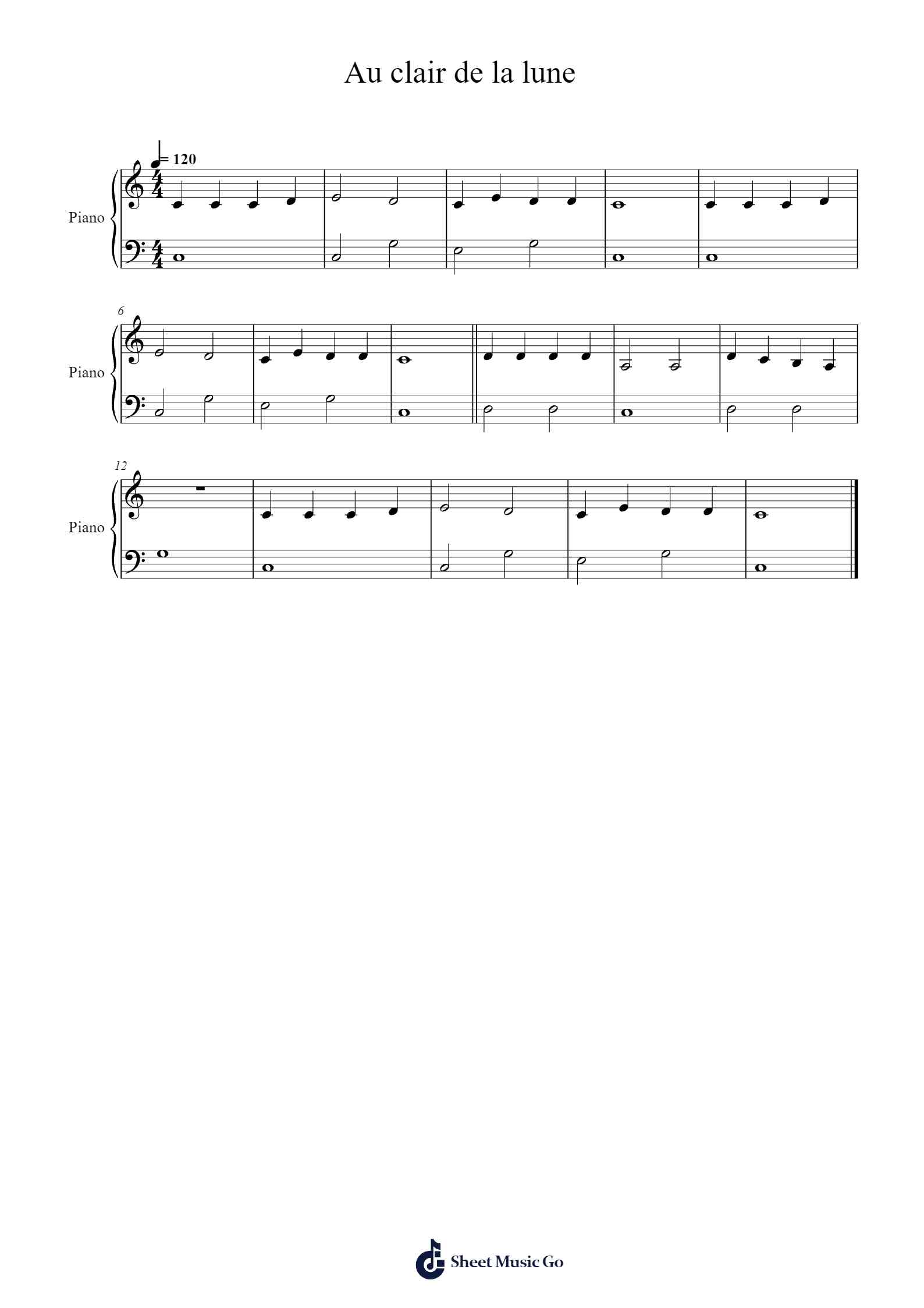 Au clair de la lune Sheet Music by -Arr.Brightfrances