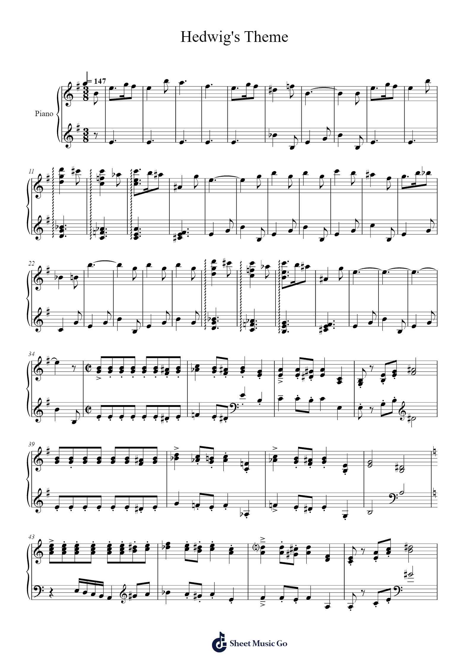 Hedwig's Theme Sheet Music by John Williams-Arr.Brurel
