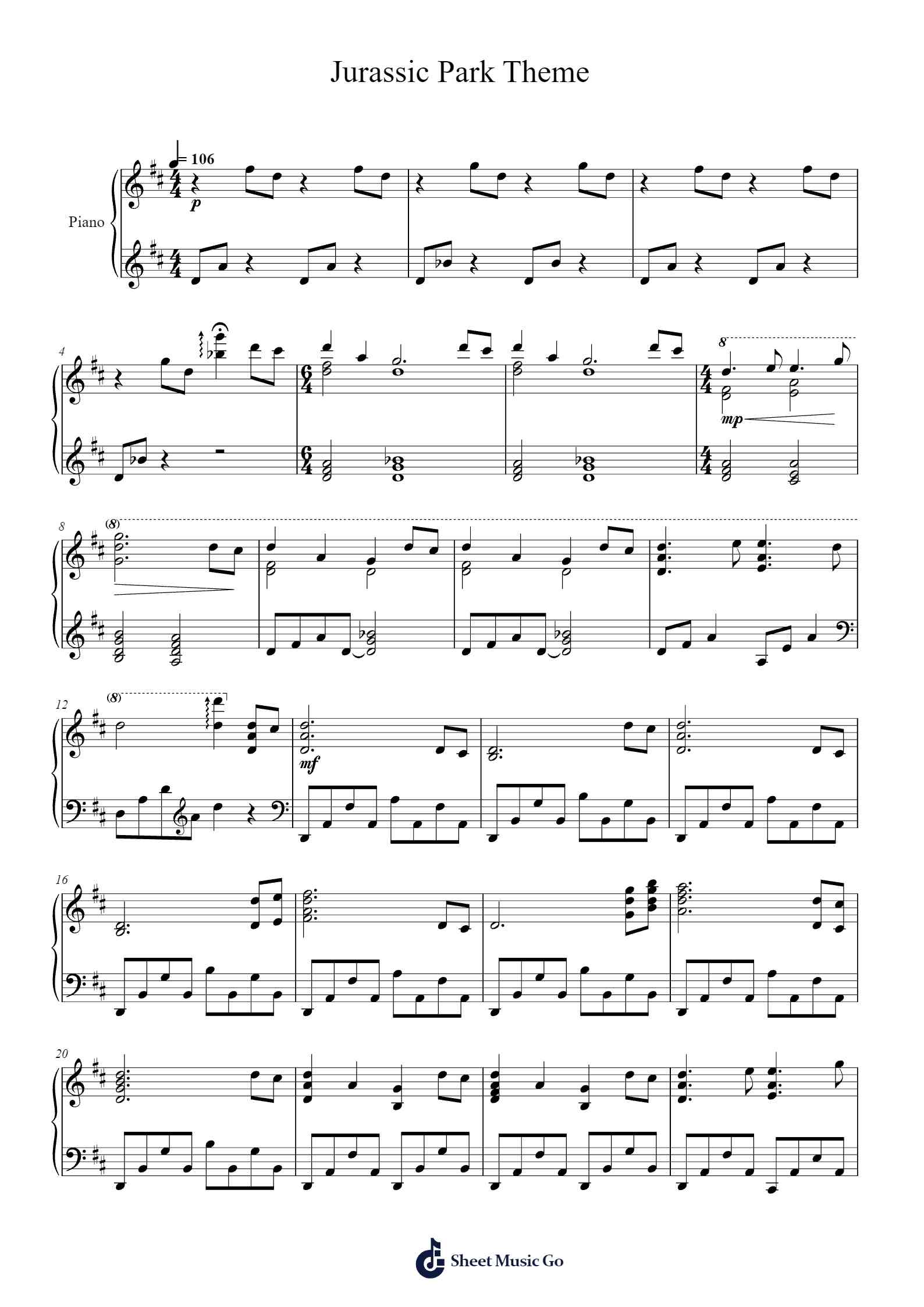 Jurassic Park Theme Sheet Music by John Williams-Arr.Leamorse Tayh