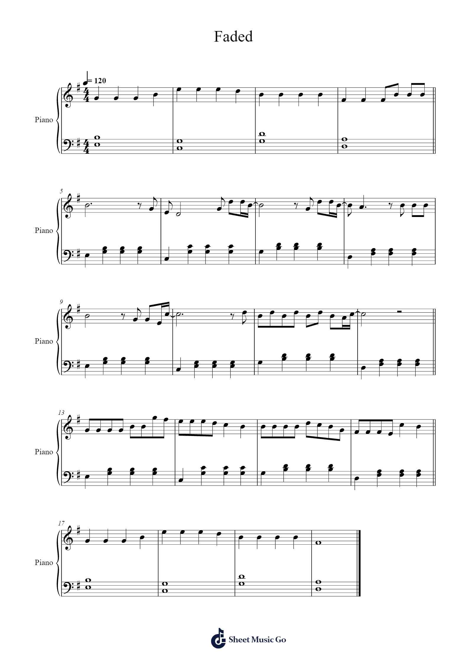 Faded Sheet Music by Alan Walker-Arr.Bridrian