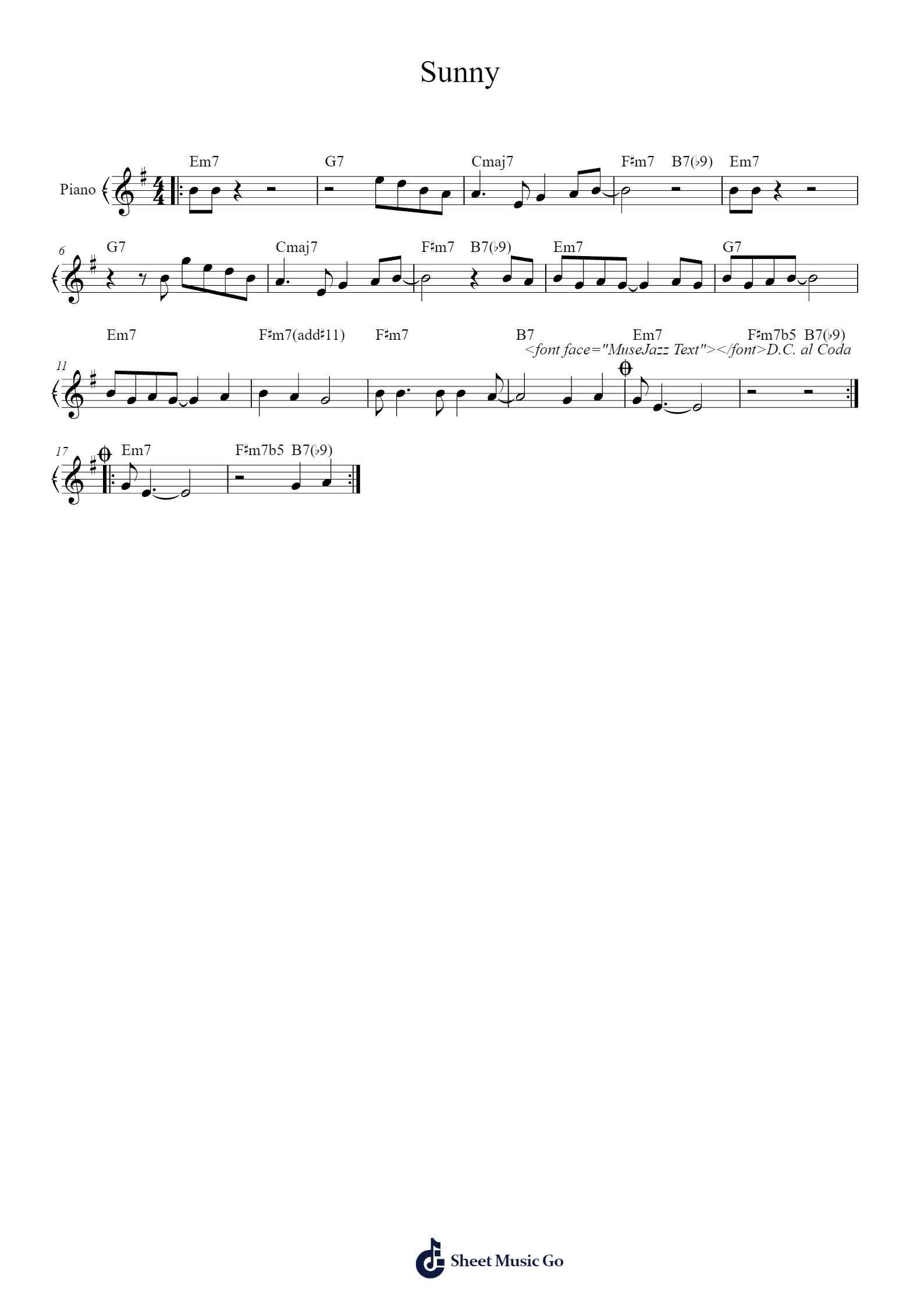 Sunny Sheet Music by Bobby Hebb-Arr.Stilwald Mollswift