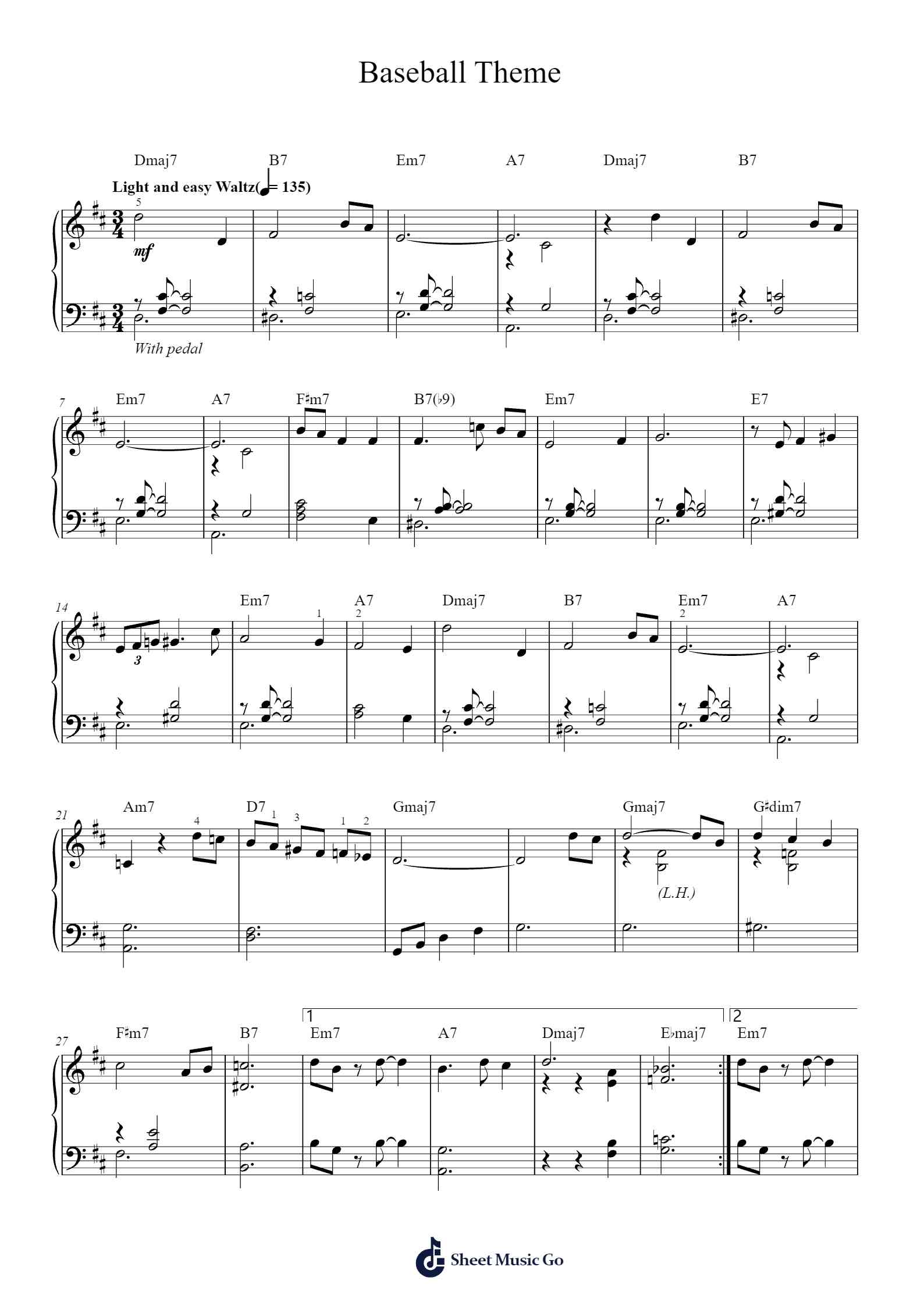 Baseball Theme Sheet Music by Vince Guaraldi-Arr.Watloise Fredgee