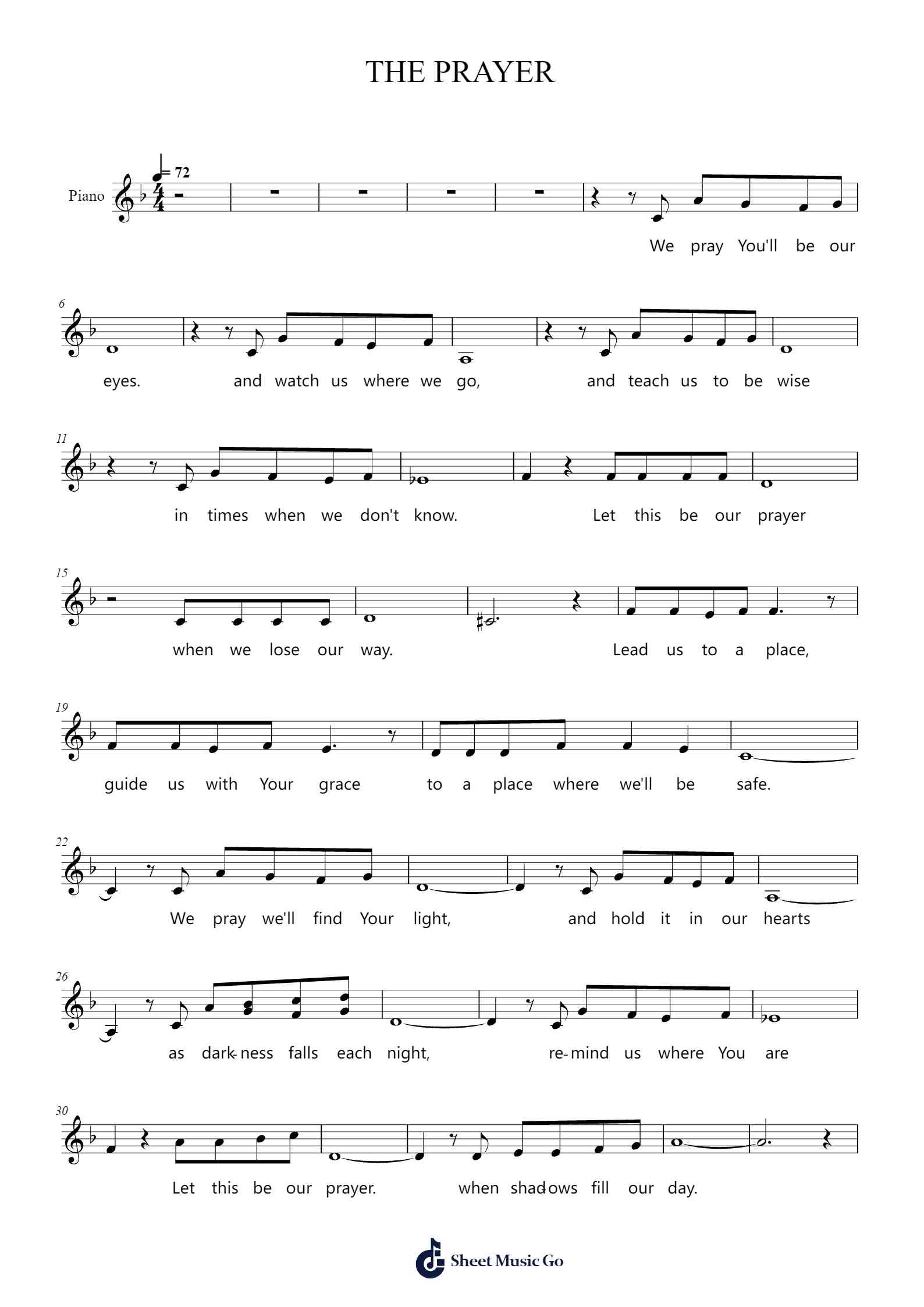 THE PRAYER Sheet Music by Carole Bayer Sager/David Foster-Arr.Hubpir