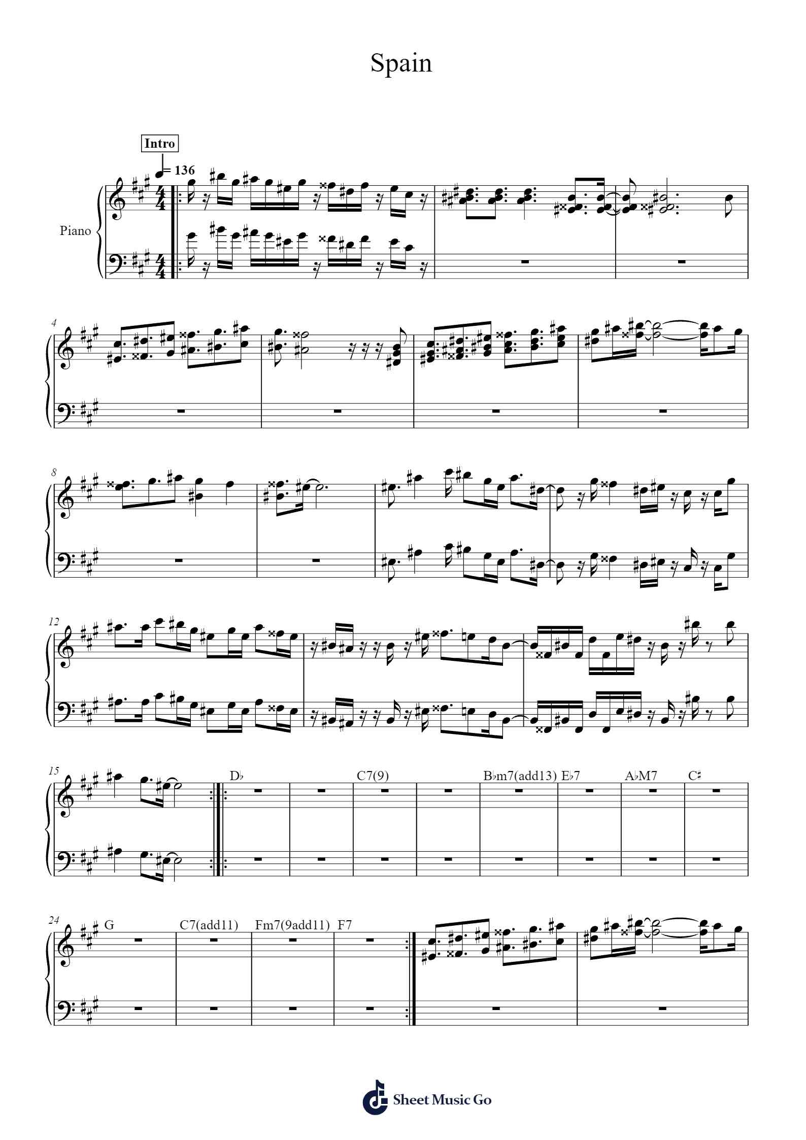 Spain Sheet Music by Chick Corea-Arr.Ossweet