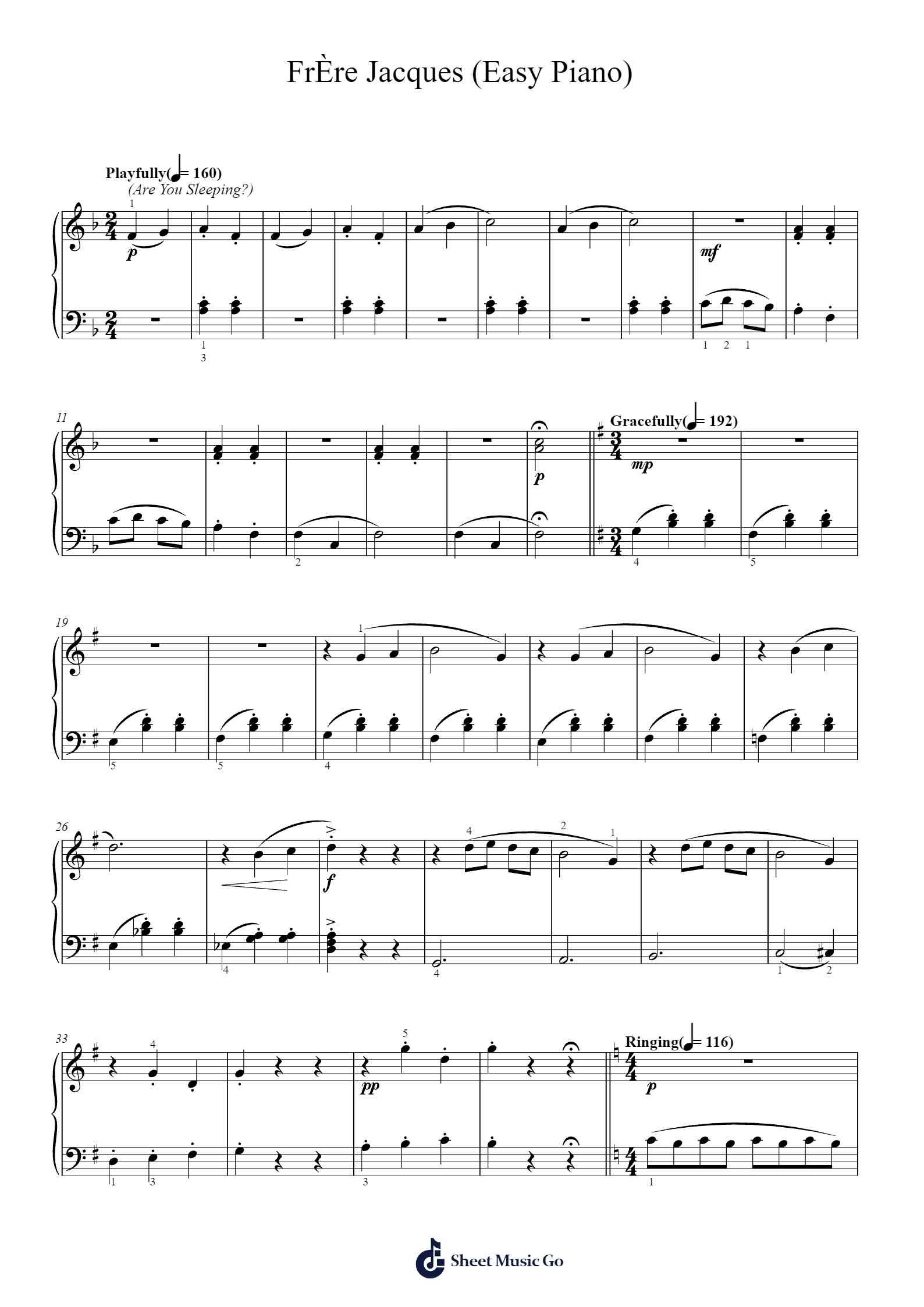 FrÈre Jacques (Easy Piano) Sheet Music by Misc Traditional-Arr.Norgiles