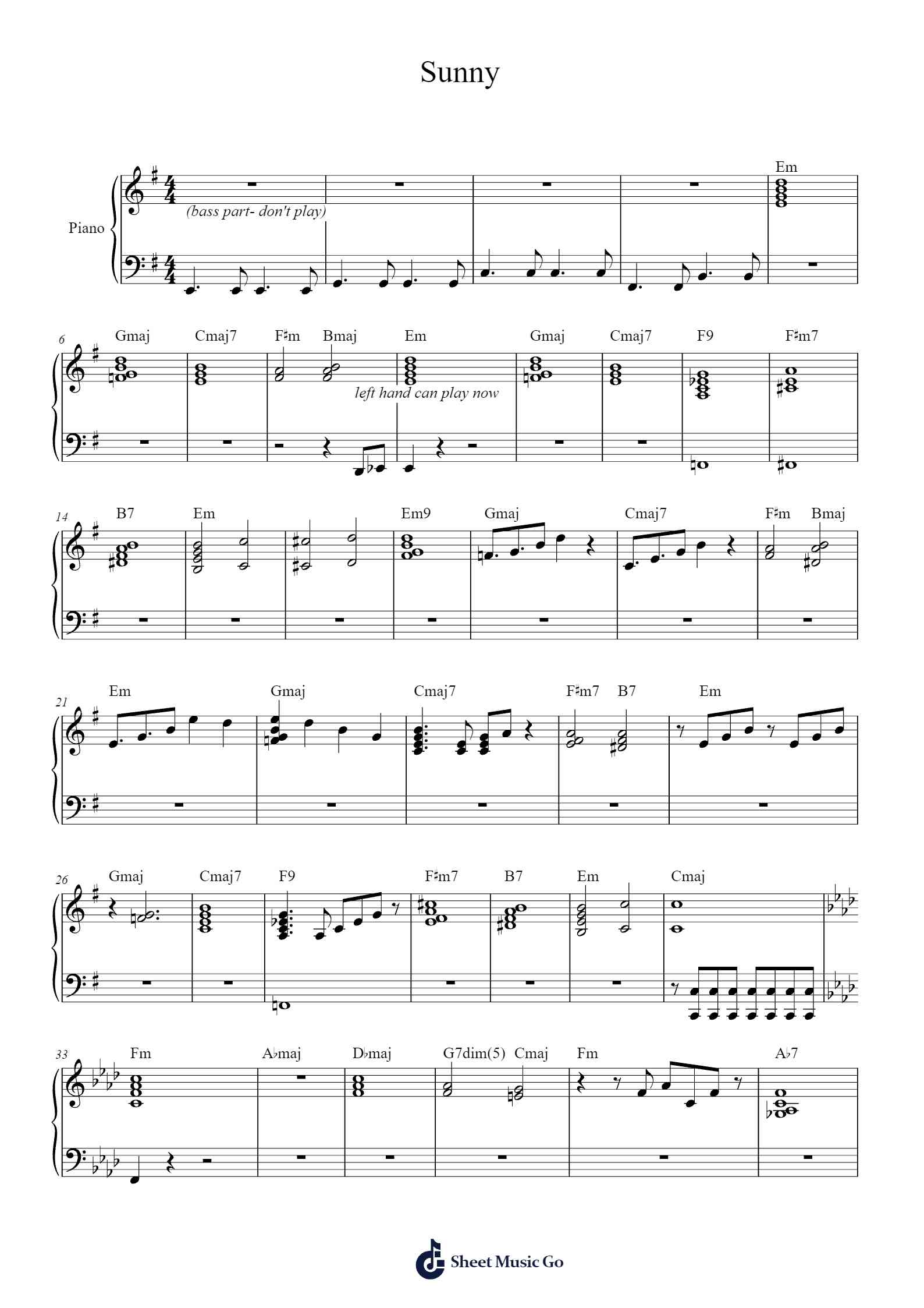 Sunny Sheet Music by Bobby Hebb-Arr.Holtbelle