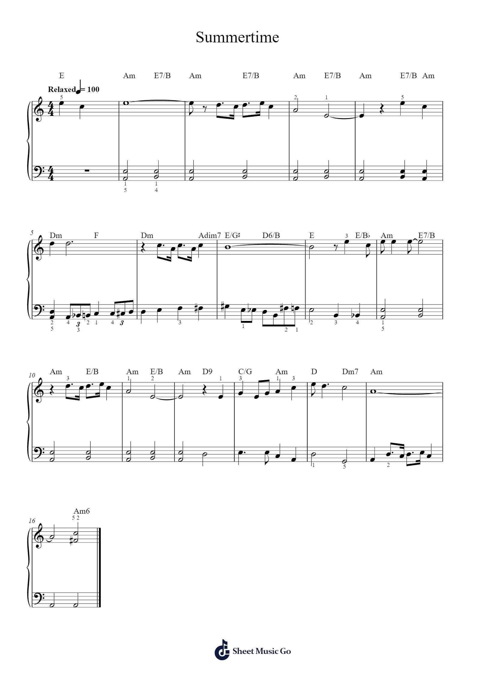 Summertime Sheet Music by George Gershwin-Arr.Babberg Neriam