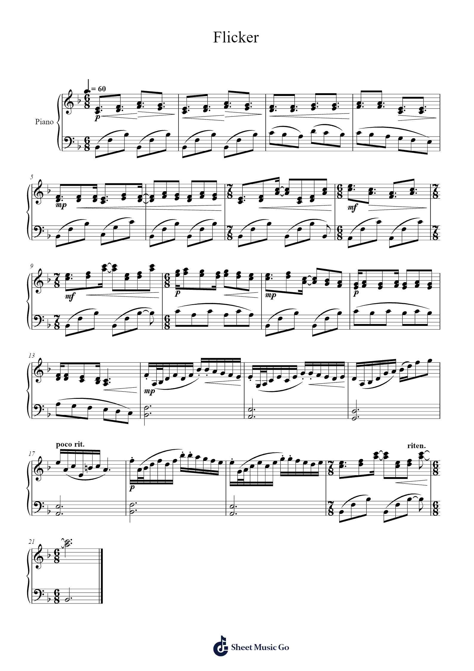 Flicker Sheet Music by Sara Garrard-Arr.Ution Foxwer