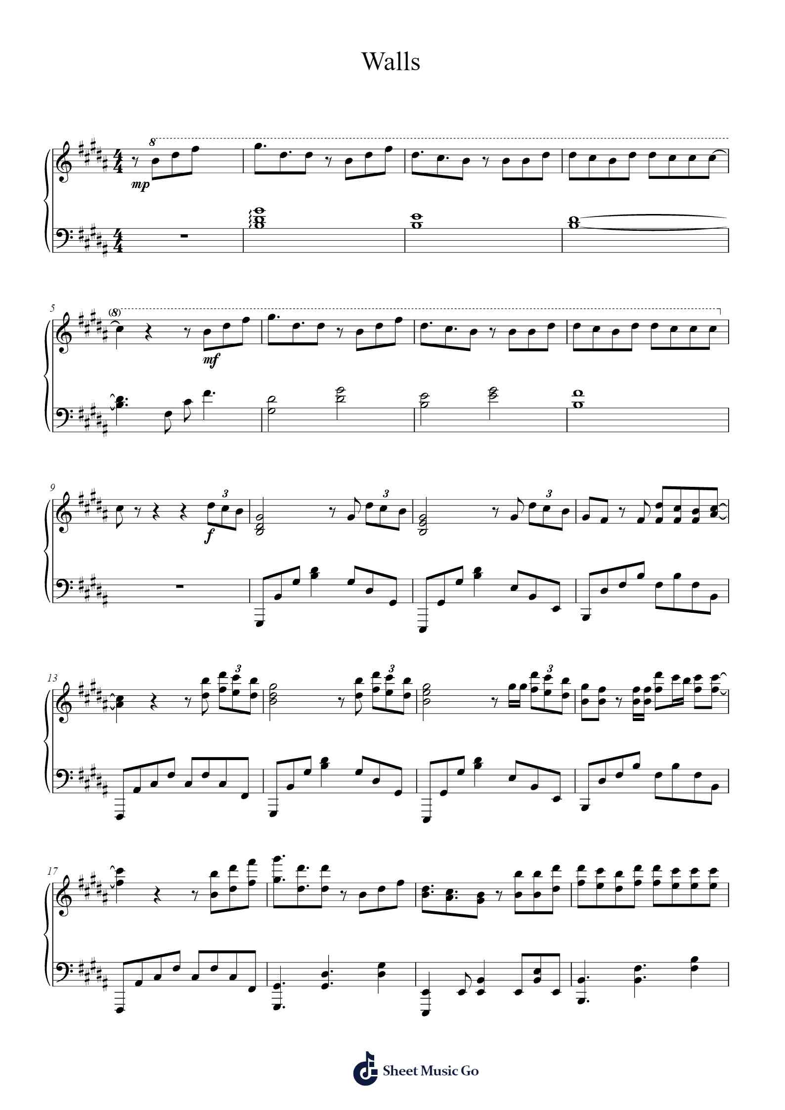 Walls Sheet Music by Walking On Cars-Arr.Chestom