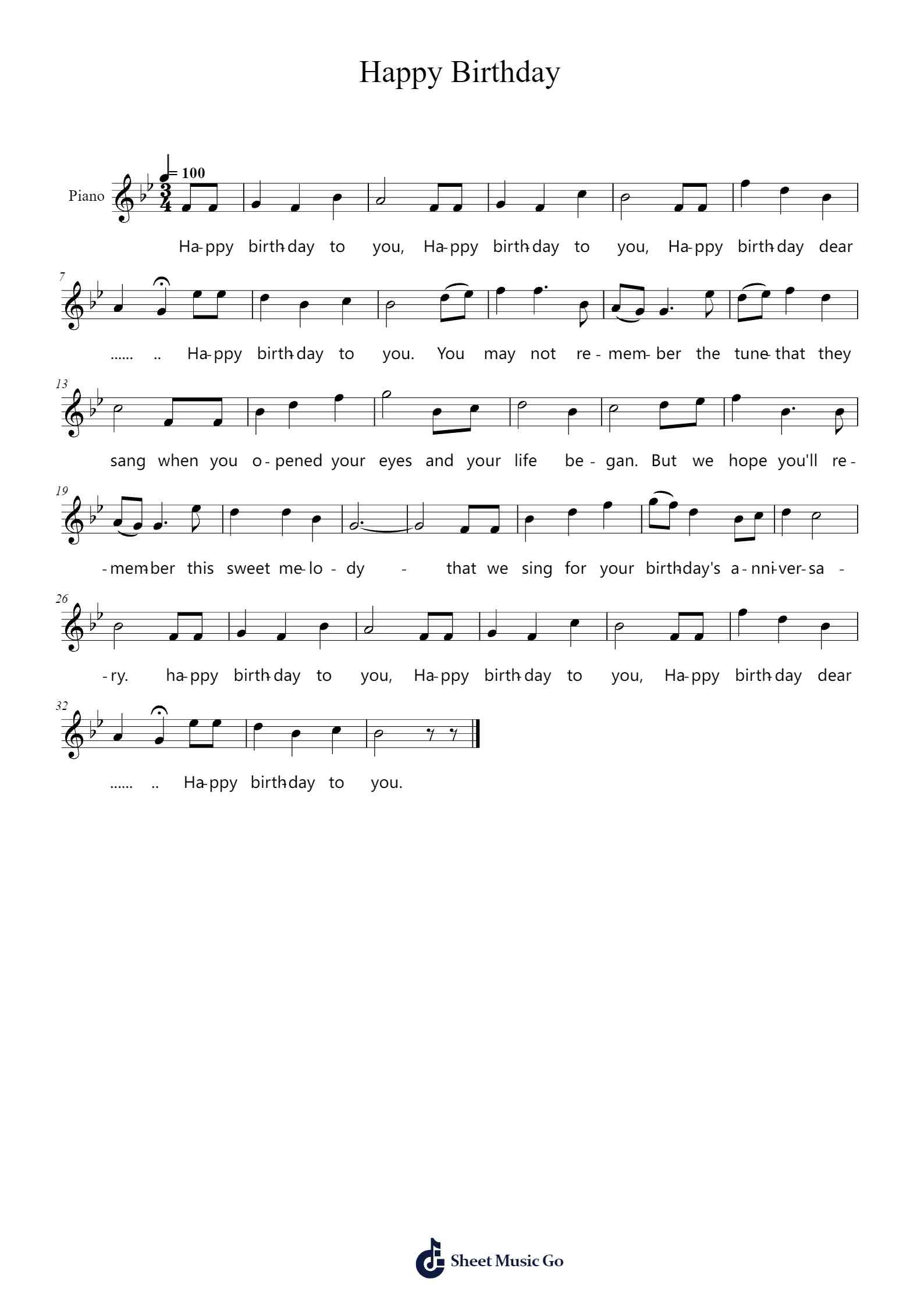Happy Birthday Sheet Music by Patty and Mildred J.-Arr.Stilling