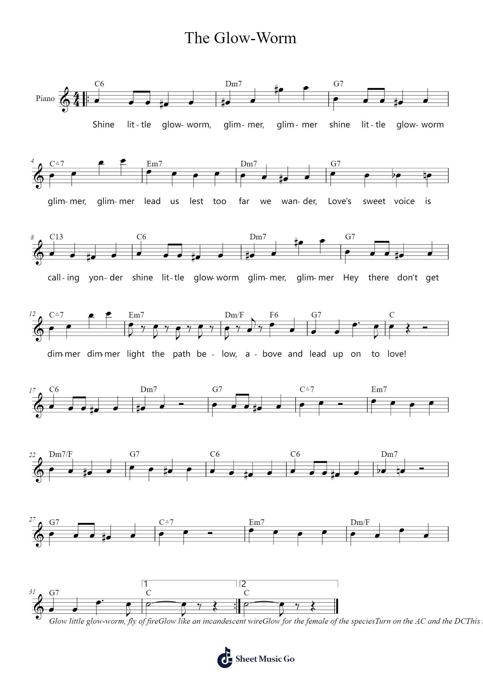 The Glow-Worm Sheet Music by Paul Lincke-Arr.Evertrine Curcent