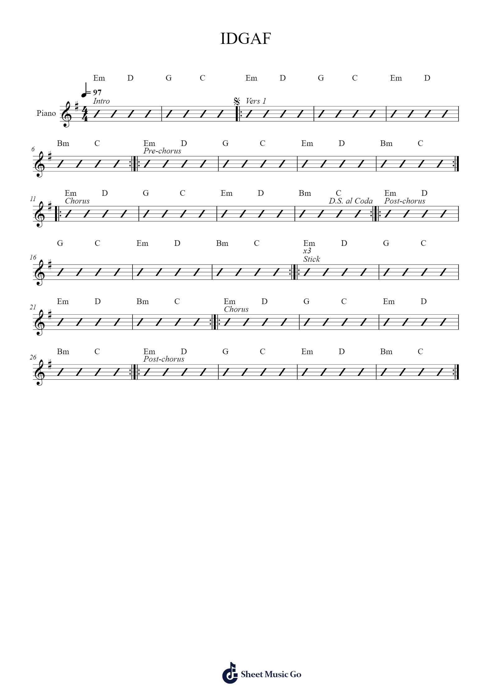 IDGAF Sheet Music by isabellesigfridsson-Arr.Gwensey Brookving