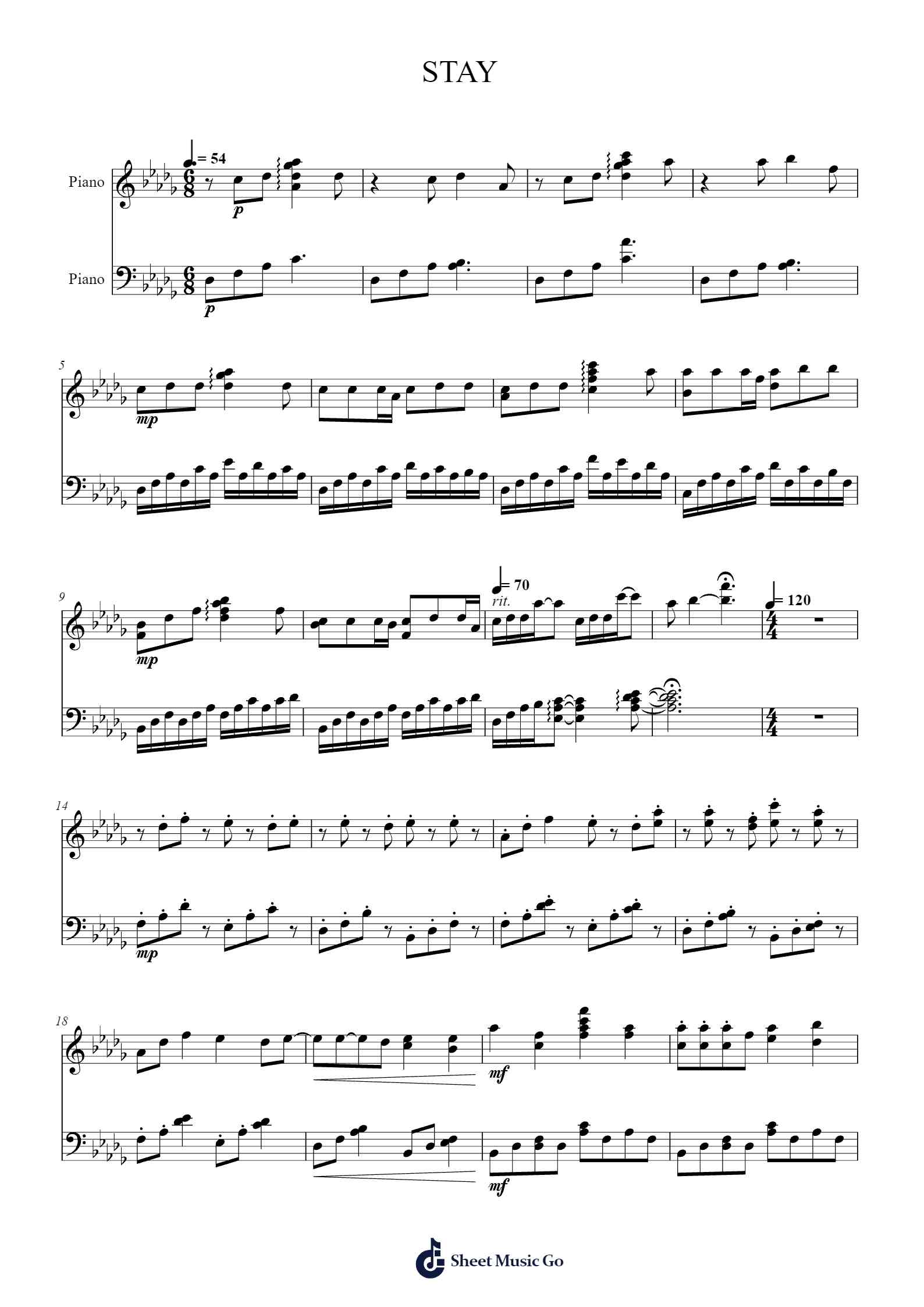 STAY Sheet Music by Rongold Greychell-Arr.Papel