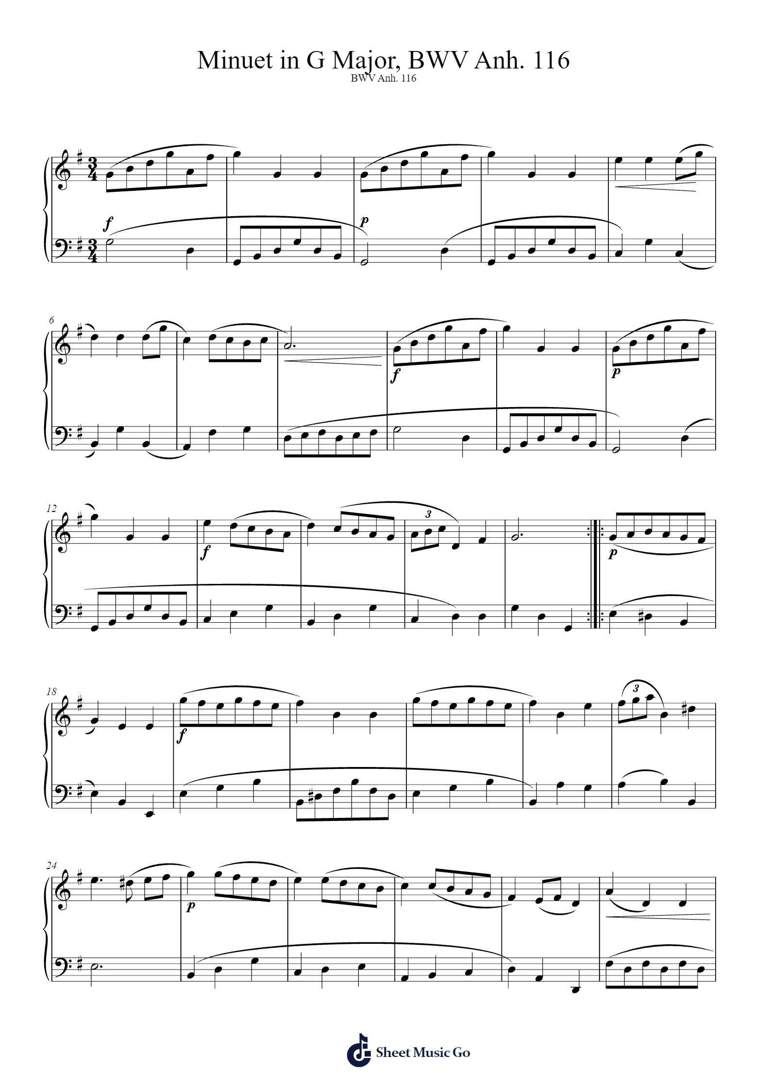 Minuet in G Major, BWV Anh. 116 Sheet Music by Johann Sebastian Bach ...