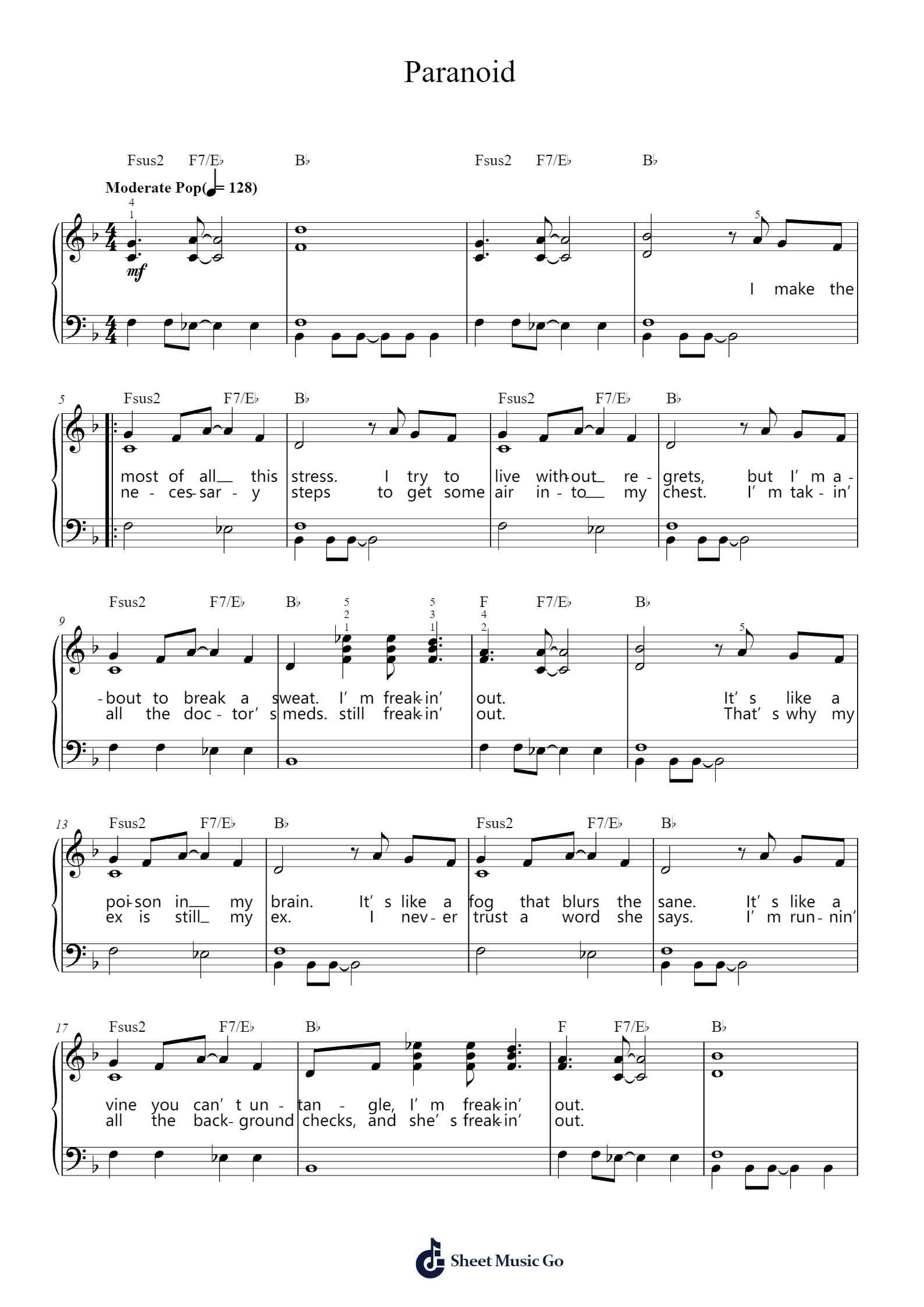 Paranoid Sheet Music by Jonas Brothers-Arr.Clepert