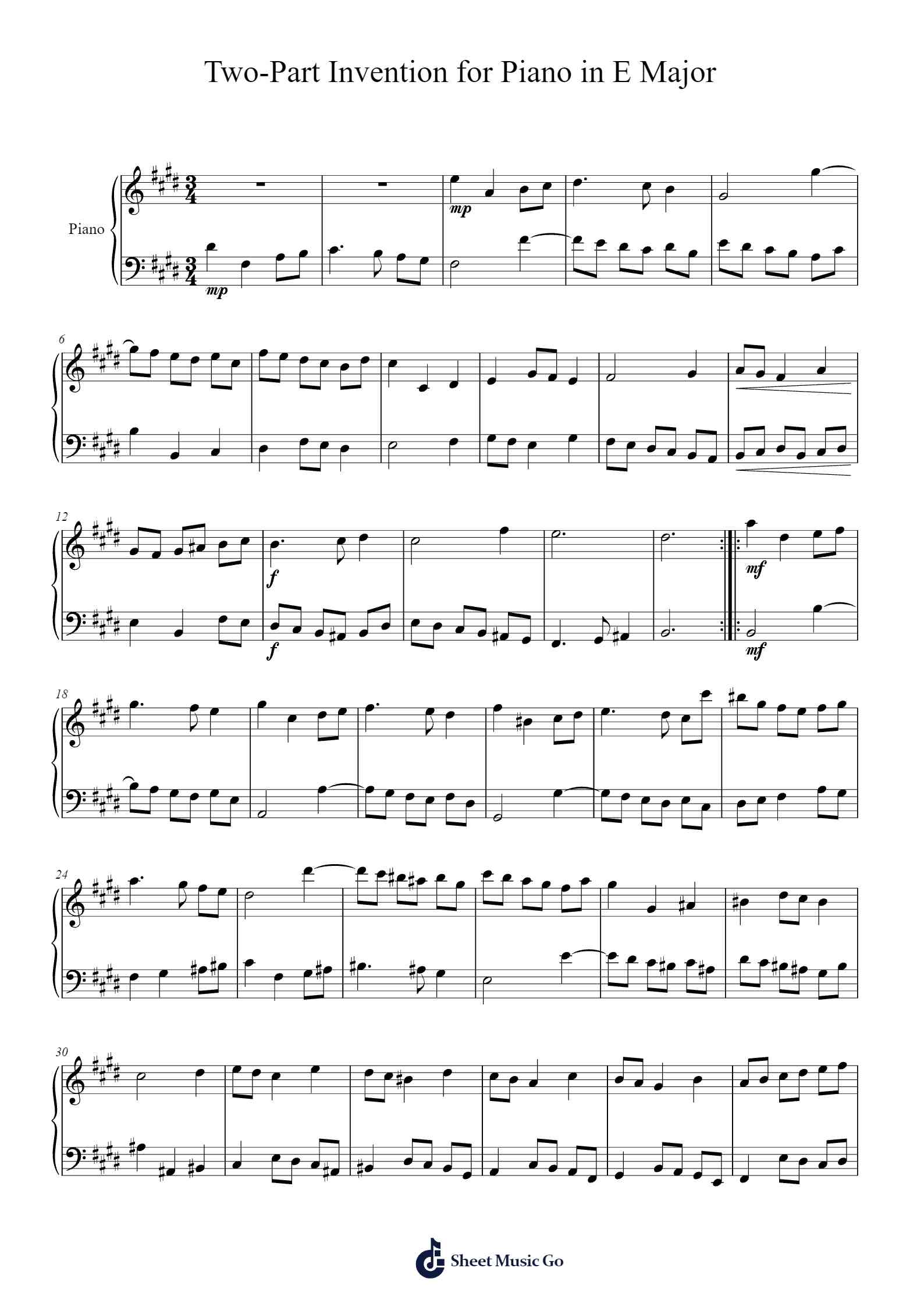 Two-Part Invention for Piano in E Major Partition par Michael L ...