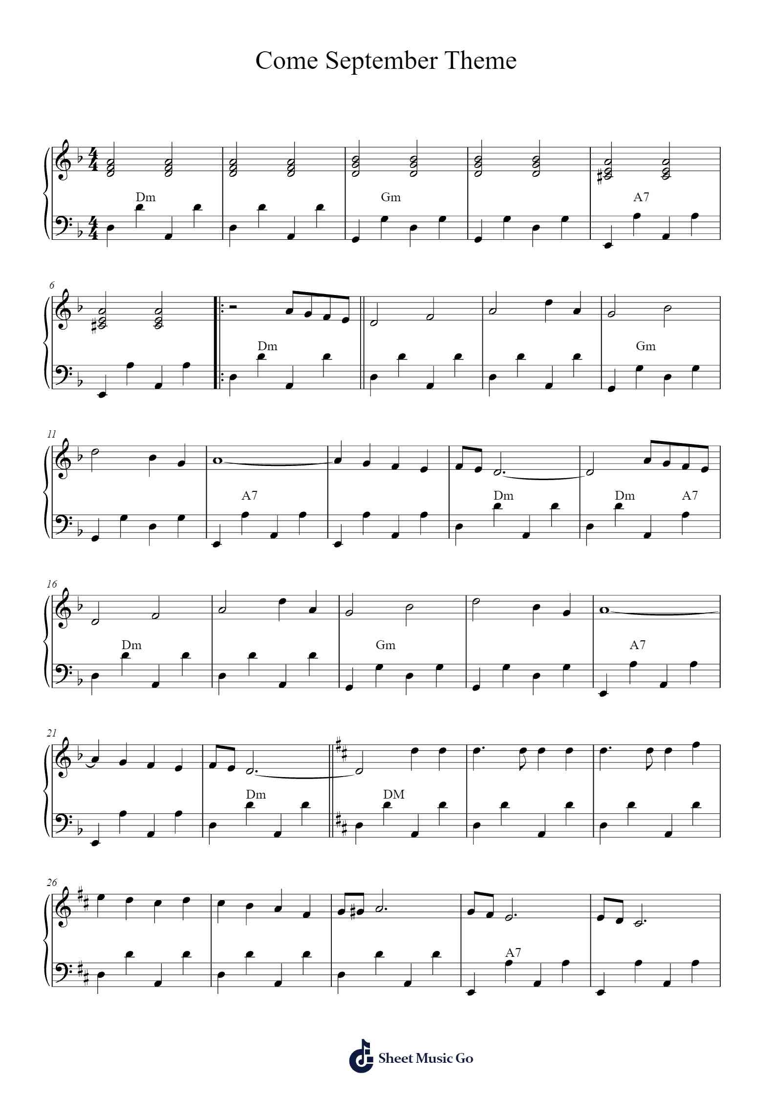 Come September Theme Sheet Music by Bobby Darin-Arr.Carrnie
