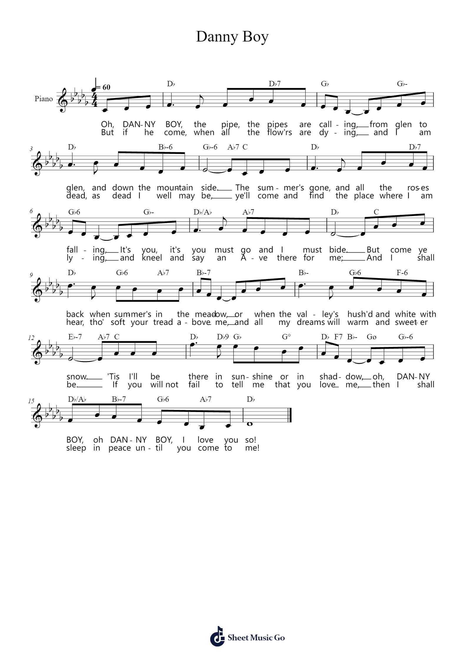 Danny Boy Sheet Music by Irish Folk Melody-Arr.Chilflower