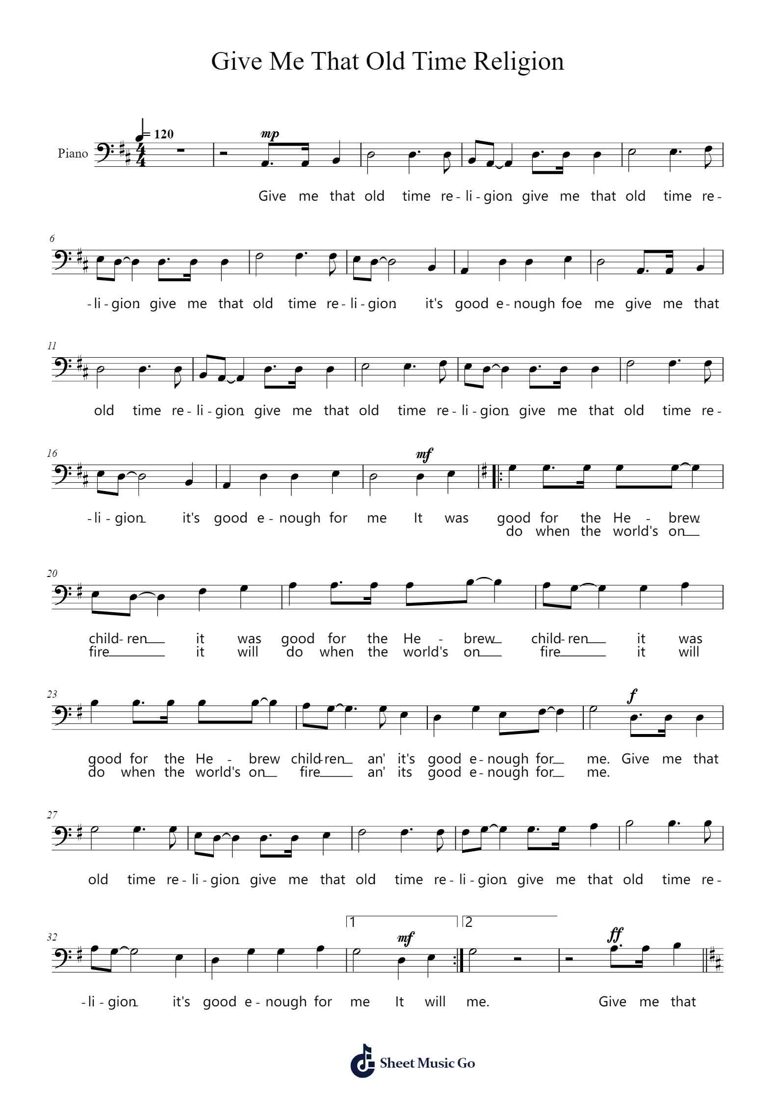 Give Me That Old Time Religion Sheet Music by RegPalmer-Arr.Hearstlynch