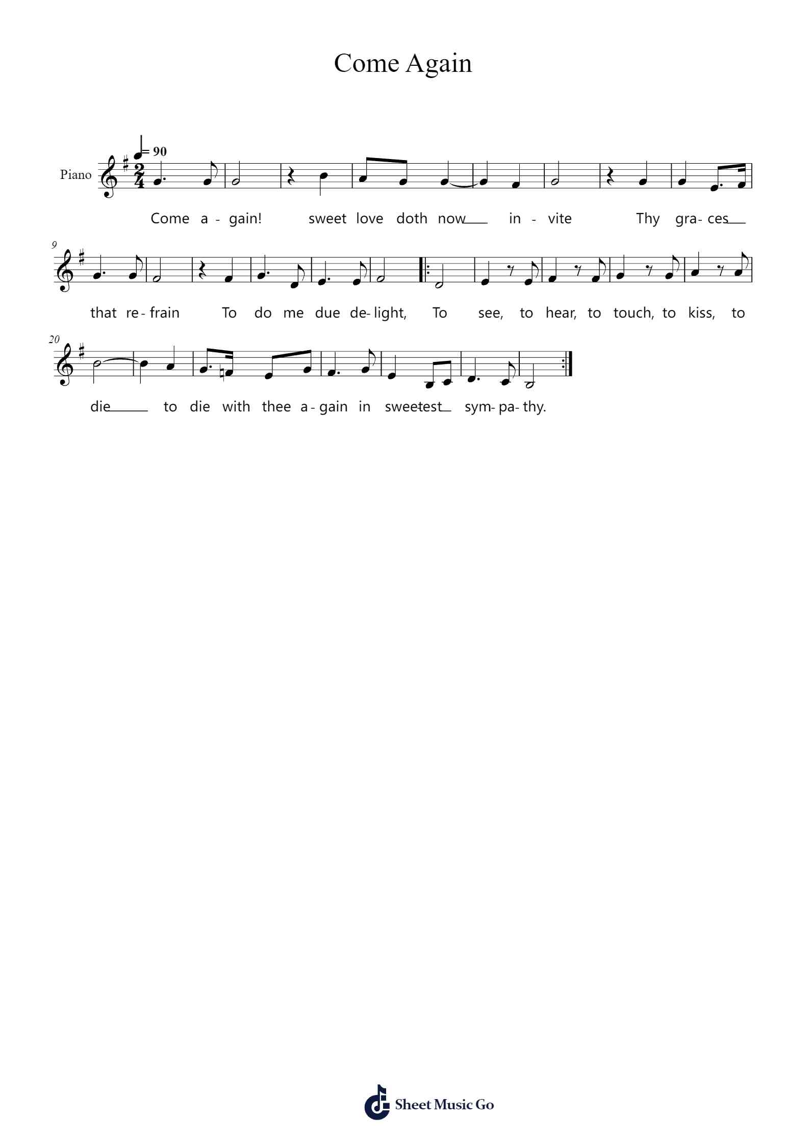 Come Again Sheet Music by -Arr.Mccan
