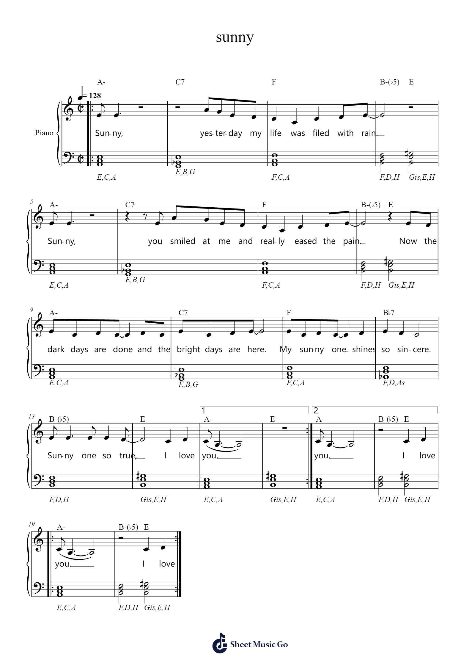 sunny Sheet Music by Bobby Hebb-Arr.Warges Morestone